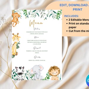 EDITABLE Safari Food Menu, Gender Neutral Menu, Jungle Menu Card Wild ...