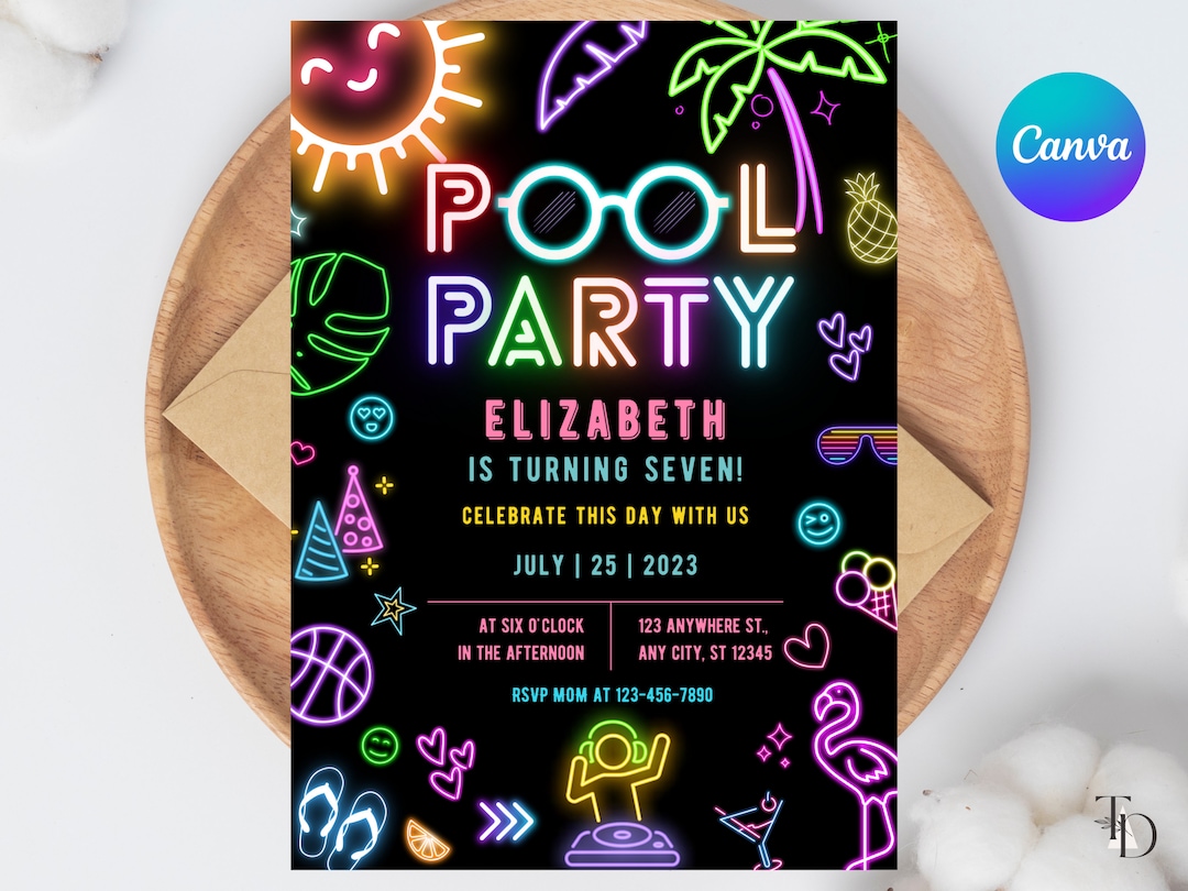 Glow Pool Party Invitation: Neon Water Park Birthday (digital Download ...