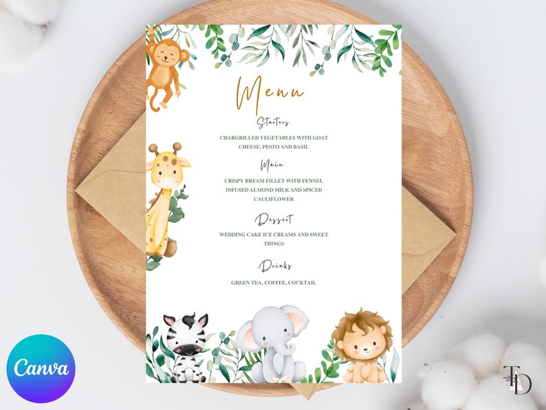 EDITABLE Safari Food Menu, Gender Neutral Menu, Jungle Menu Card Wild ...