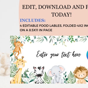 Editable Safari Food Tags: Jungle Animals Tent Cards (digital Download ...