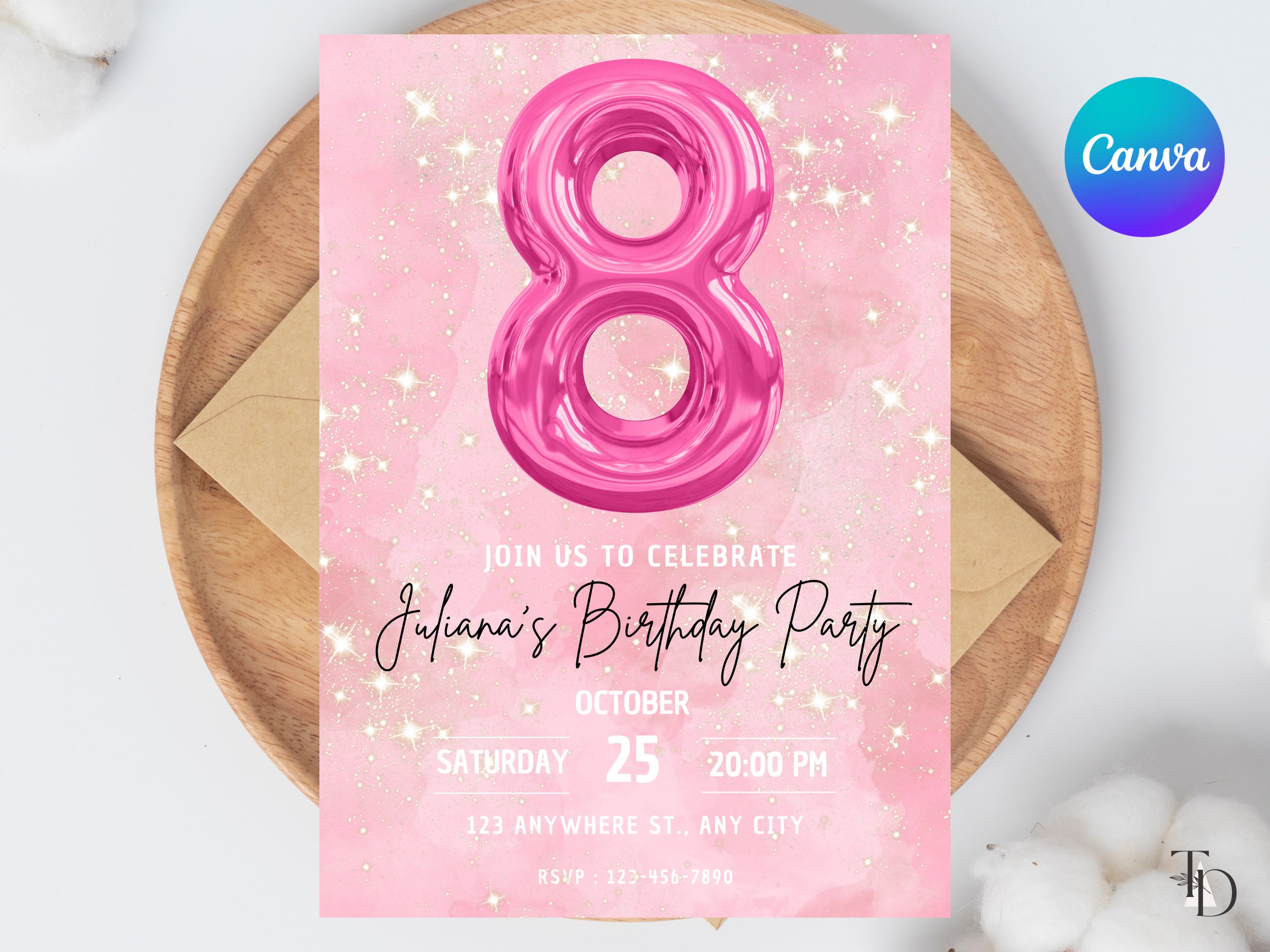 Pink Glitter 8th Birthday Invitation Template (digital Download) - Etsy