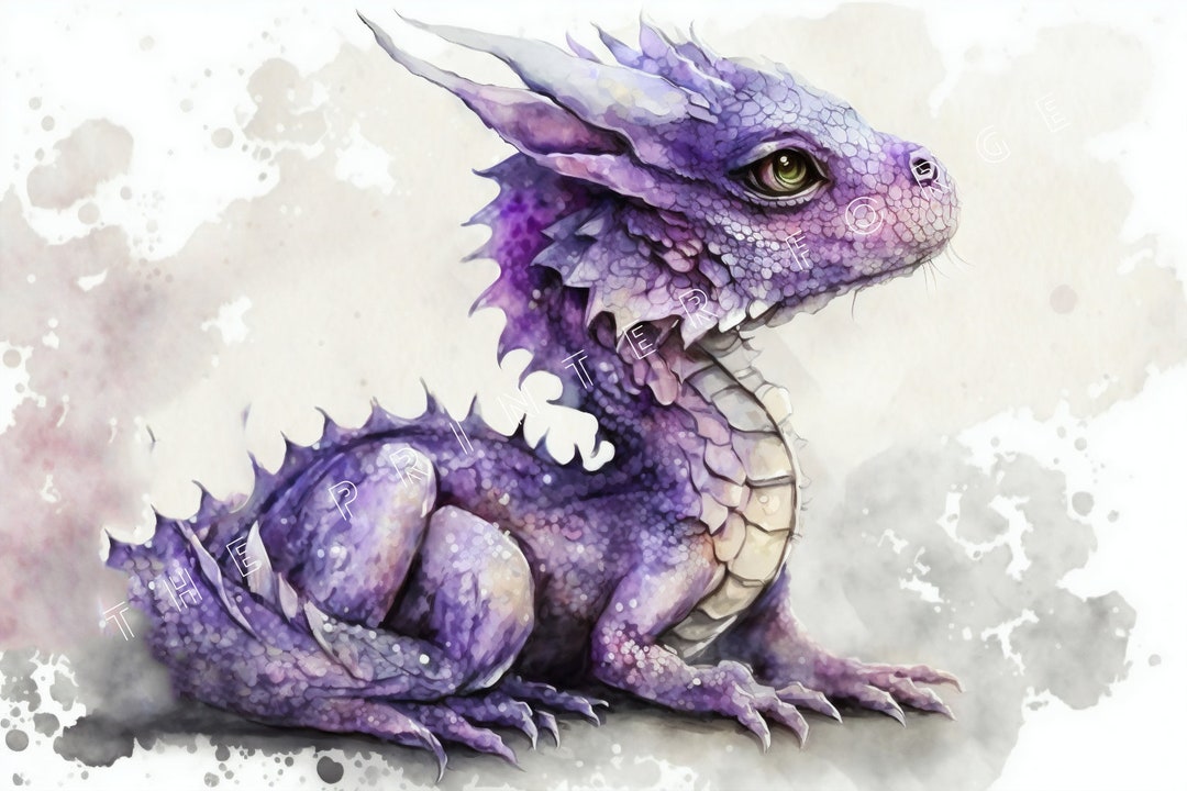 Purple Baby Dragon Watercolor Painting - Fantasy Dragon Wall Art ...