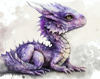 Purple Dragon Watercolor Painting - Fantasy Dragon Wall Art - Dragon ...