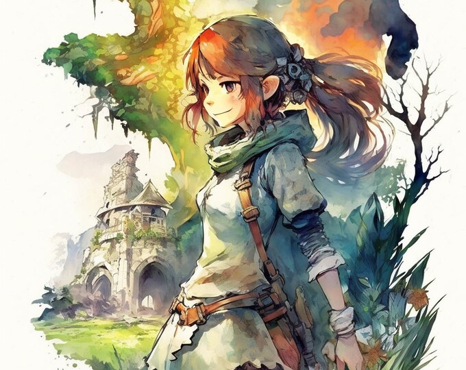 Anime JRPG Watercolor Painting Fantasy Wall Art Anime Prints Original ...