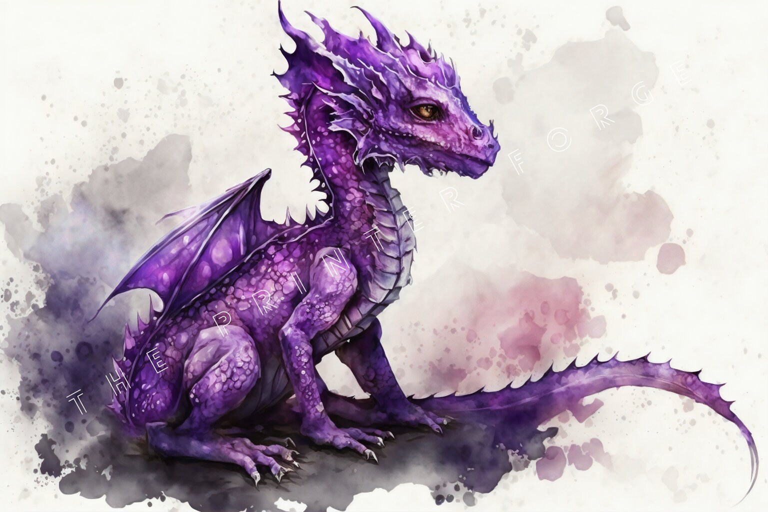 Purple Baby Dragon Watercolor Painting - Fantasy Dragon Wall Art ...