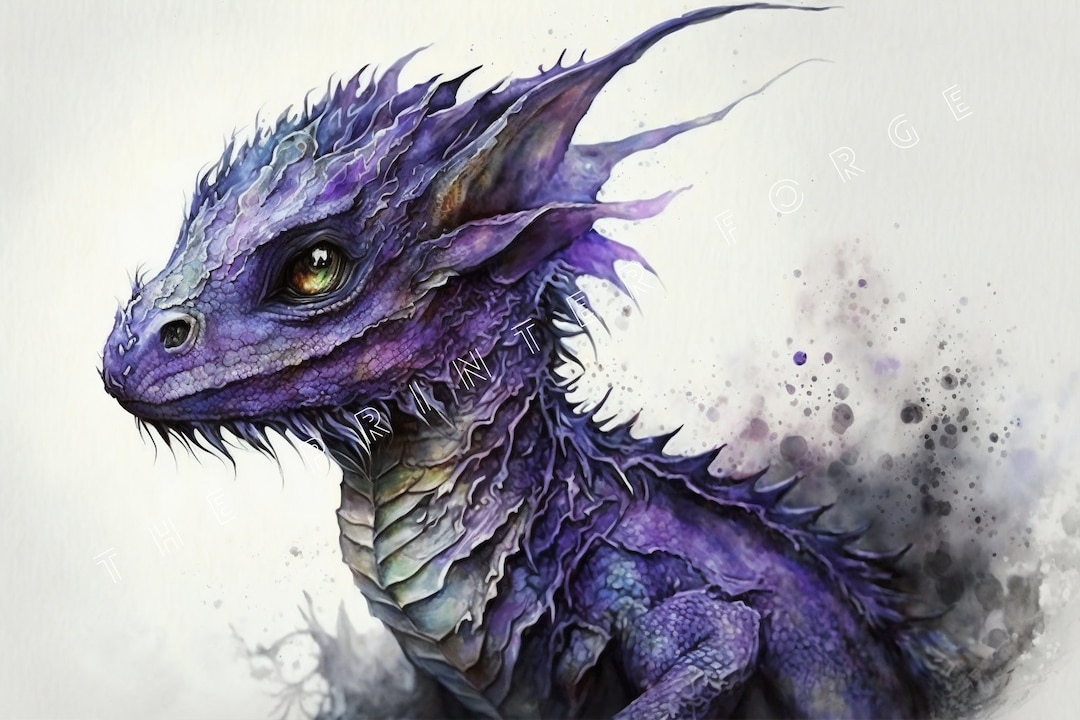 Purple Baby Dragon Watercolor Painting - Fantasy Dragon Wall Art ...