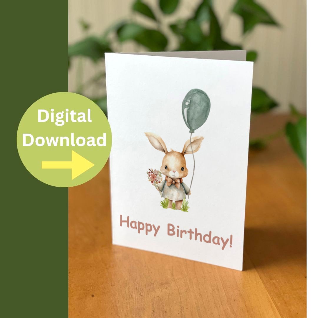 Cute Bunny Birthday Card - Bunny and Balloon Card- Cute Animal Birthday ...