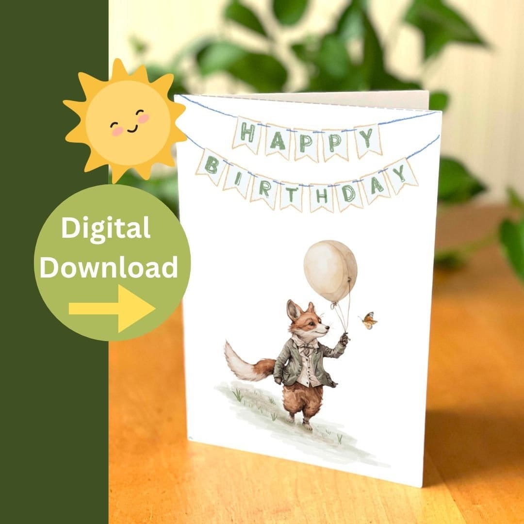 Fox Birthday Card - Cute Digital Card - Cute Fox Holding a Balloon ...