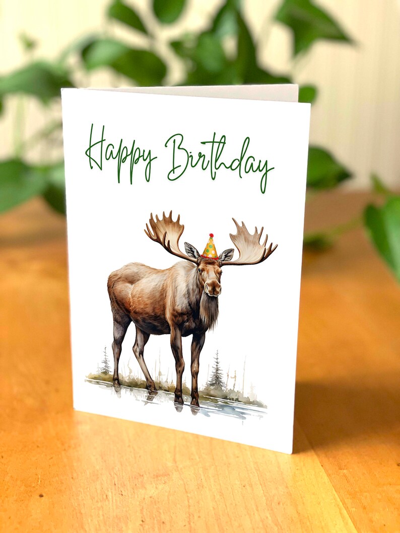 Cute Moose Birthday Card – Party Hat Animal Greeting (digital Download ...