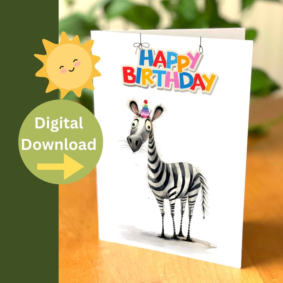Cute Zebra Birthday Card - Funny Birthday Card - Zebra With Party Hat ...