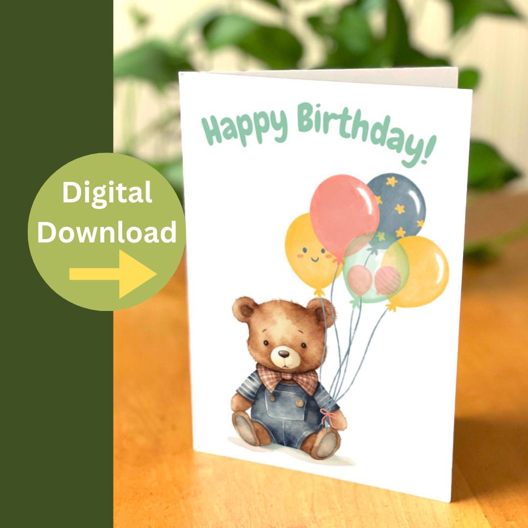 Happy Birthday Bear Card - Cute Bear With Balloons Greeting Card - Cute ...