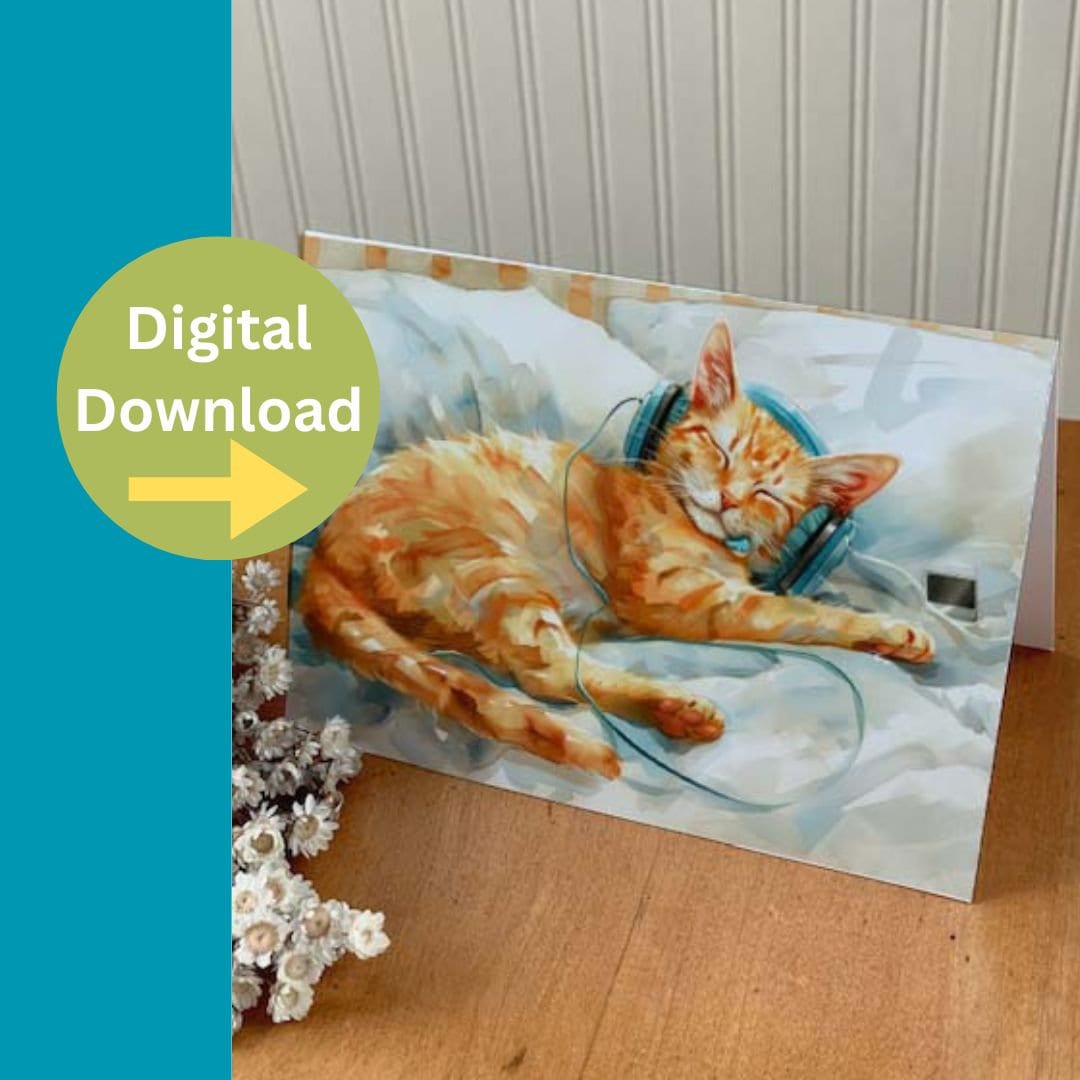 Cute Kitten Art Card Blank Printable Cat Card Cat Sleeping With ...
