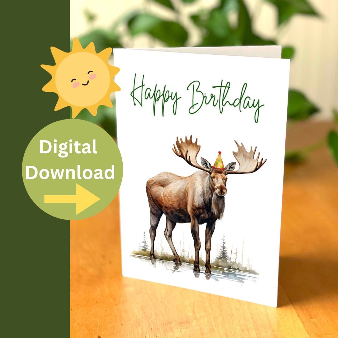 Moose Birthday Card - Cute Digital Birthday Card - Moose With Party Hat ...