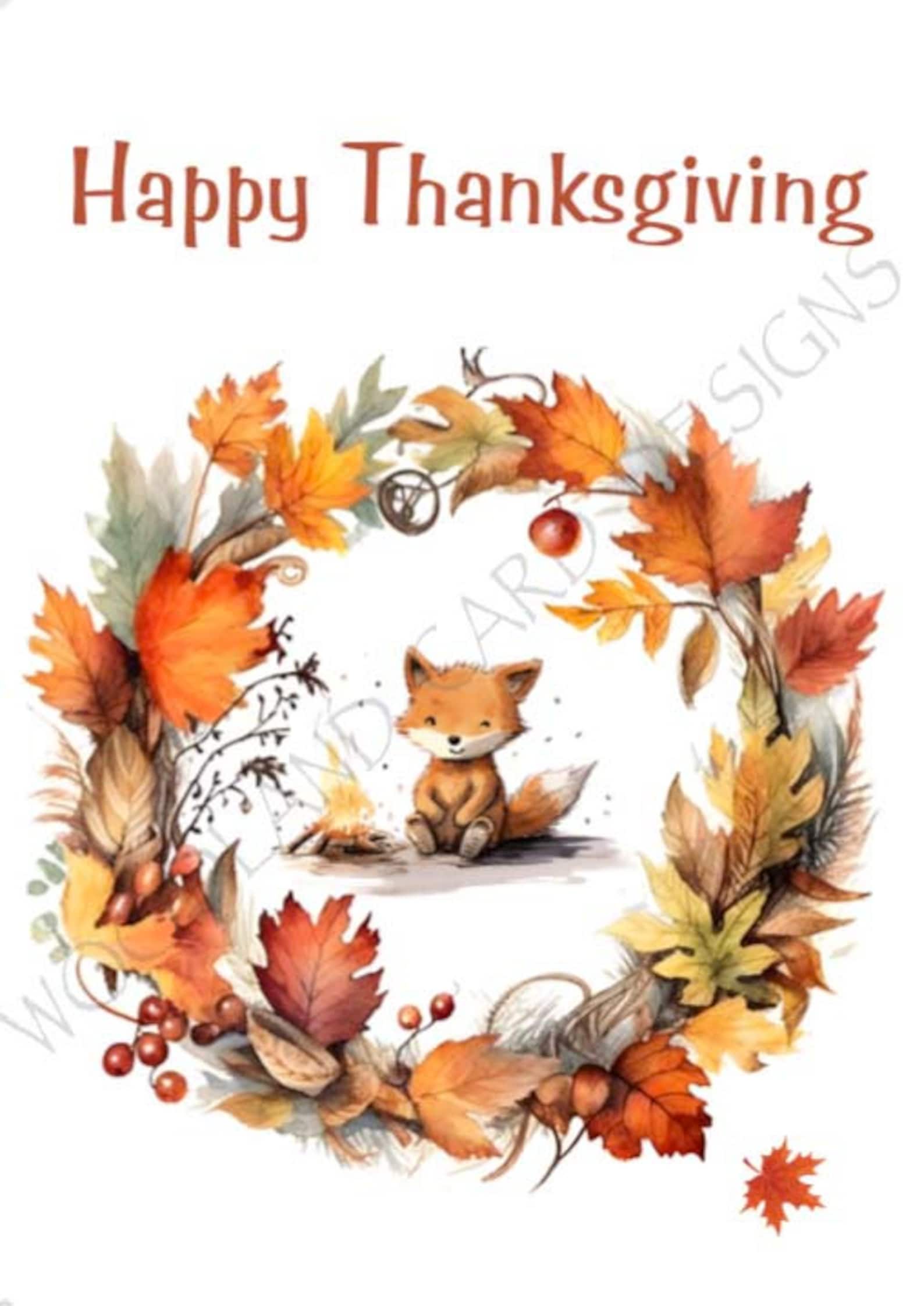 Cute Fox Thanksgiving Card - Autumn Leaf Wreath (digital Download) - Etsy