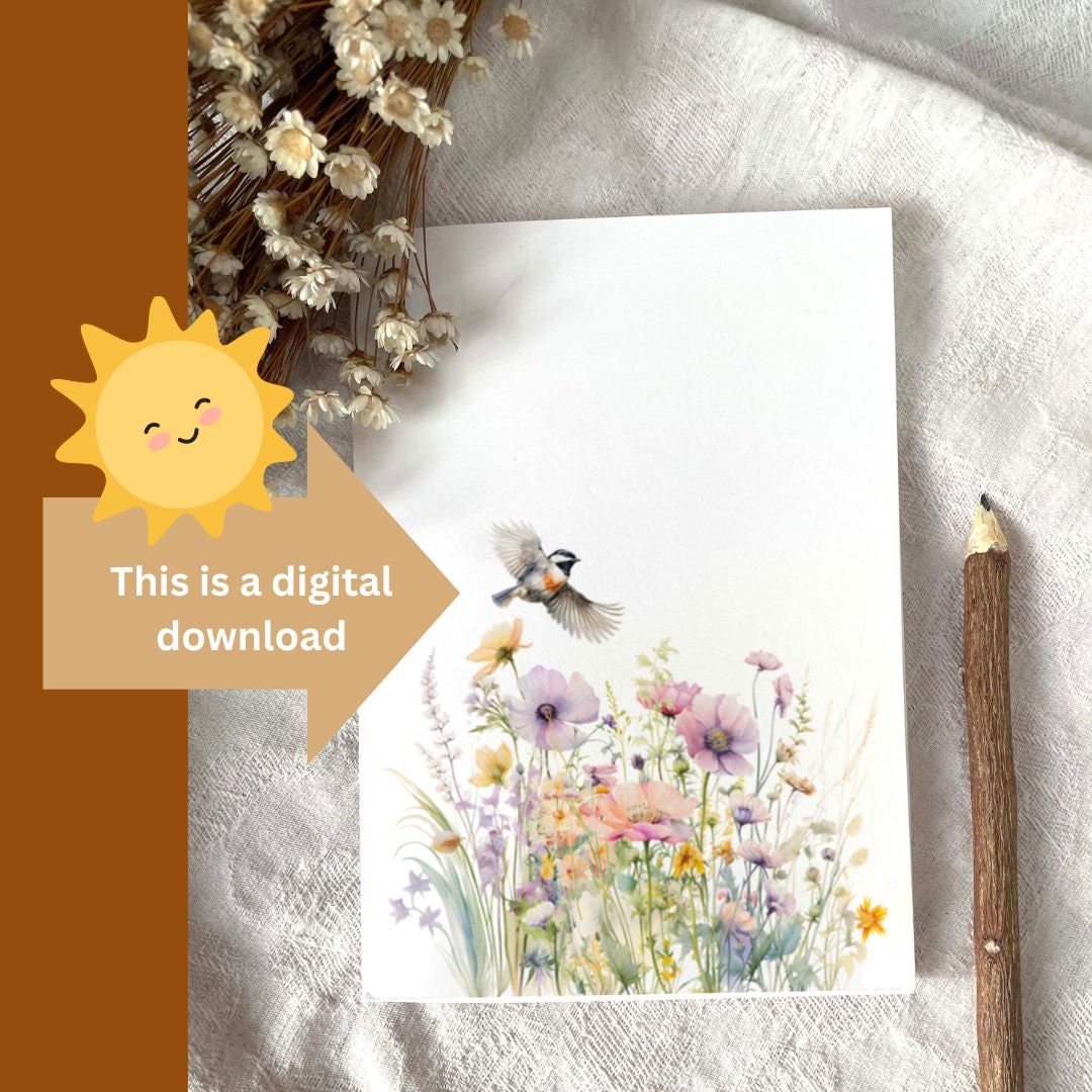 Wildflower Bird Blank Card - Printable Garden Note (digital Download ...