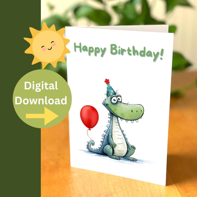 Cute Crocodile Birthday Card – Alligator With Balloon (digital Download ...