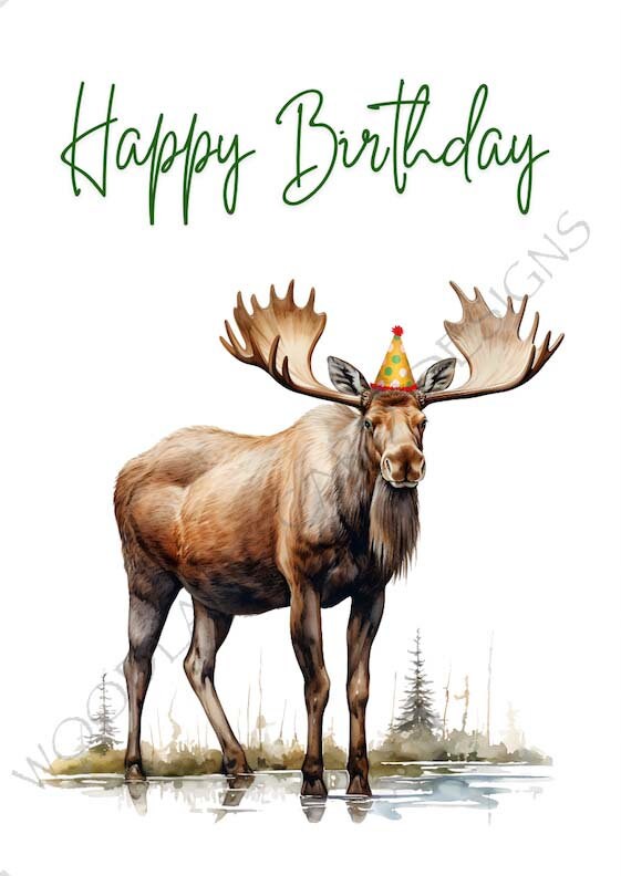 Cute Moose Birthday Card – Party Hat Animal Greeting (digital Download ...