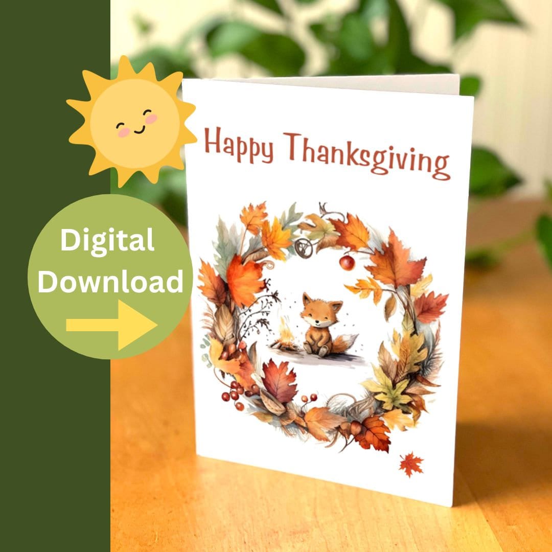 Cute Fox Thanksgiving Card - Autumn Leaf Wreath (digital Download) - Etsy
