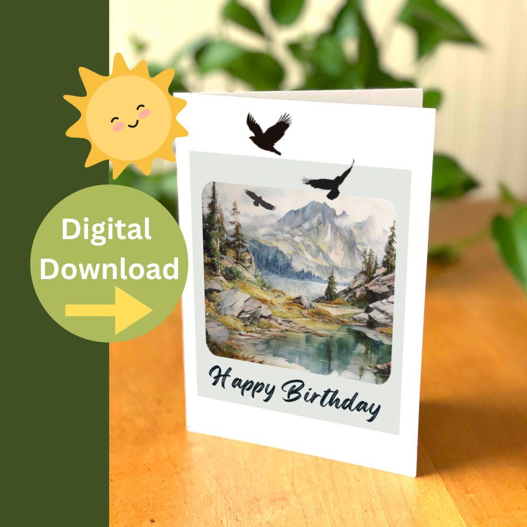 Digital Mountain Birthday Card - Happy Birthday Printable - Watercolour ...