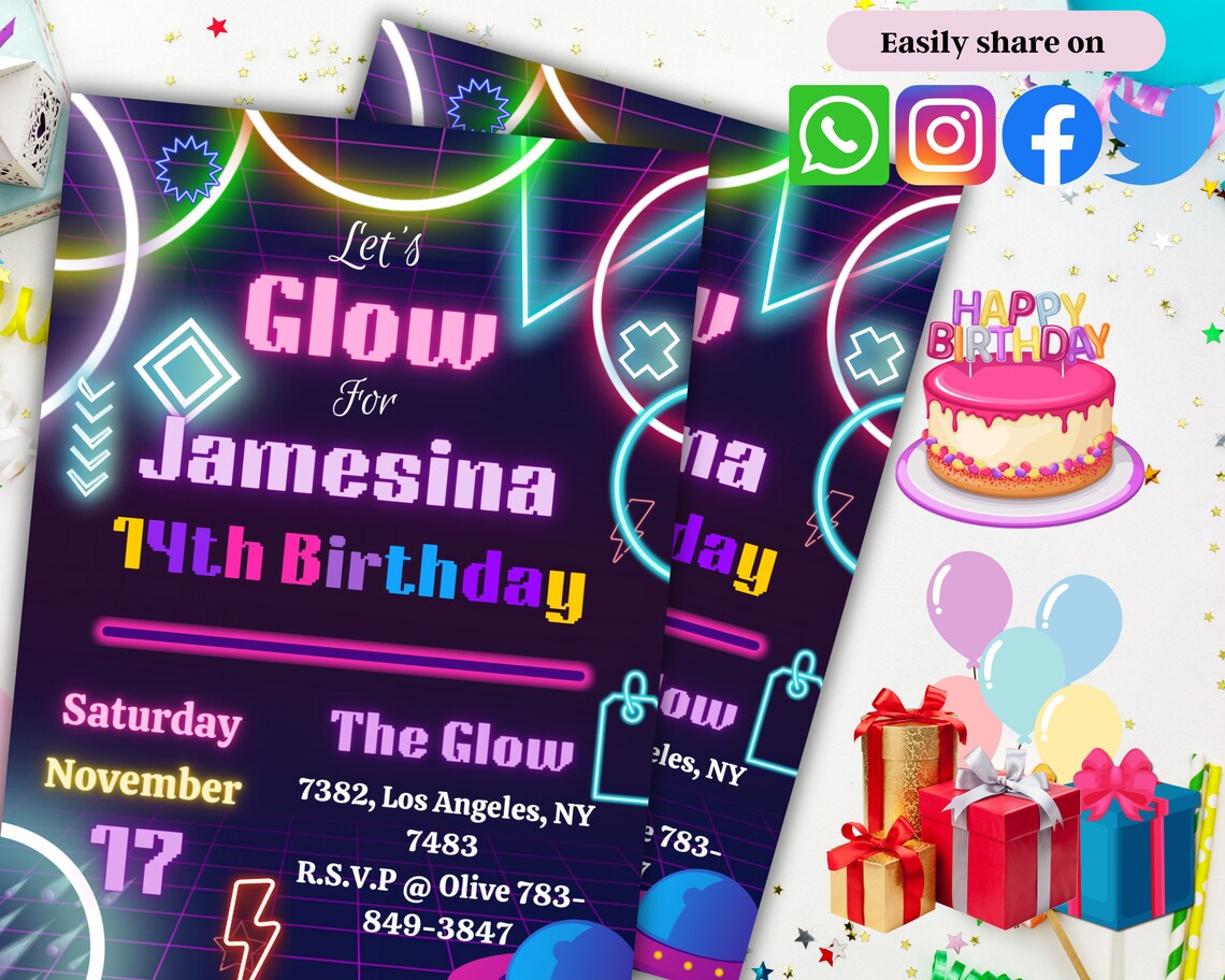 Neon Lights Glowing Birthday Party Invitation Template, Girl and Boy ...