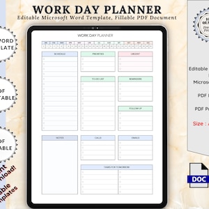 Editable Work Planner Template, Work Day Organizer, Printable Daily ...