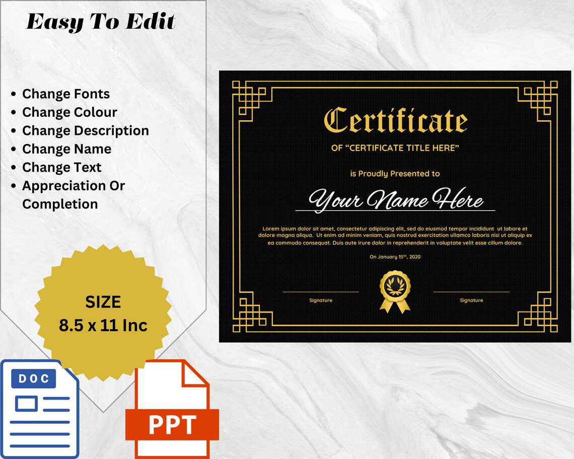 Editable Certificate Template, Black and Gold Template, Certificate of ...