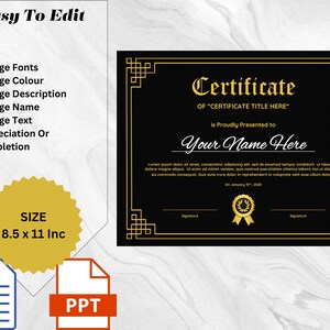 Editable Certificate Template, Black and Gold Template, Certificate of ...