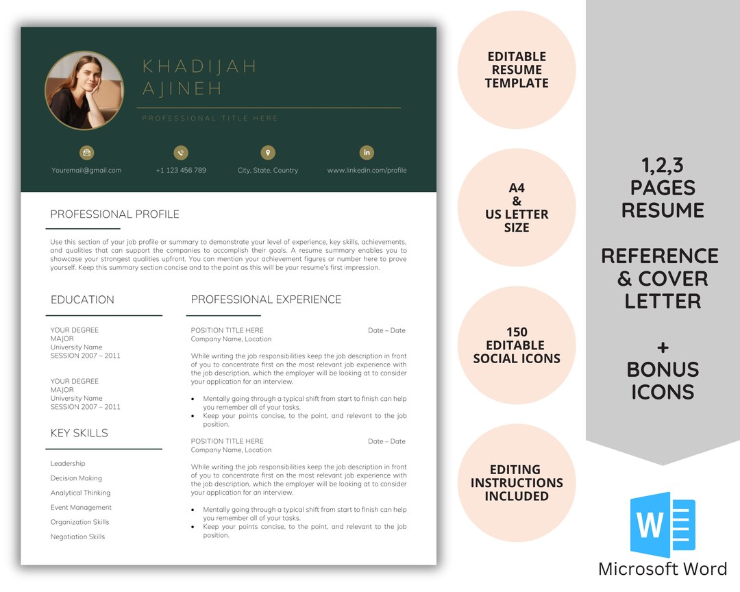 Modern Resume Template Word, CV Template, Editable Resume, Printable ...