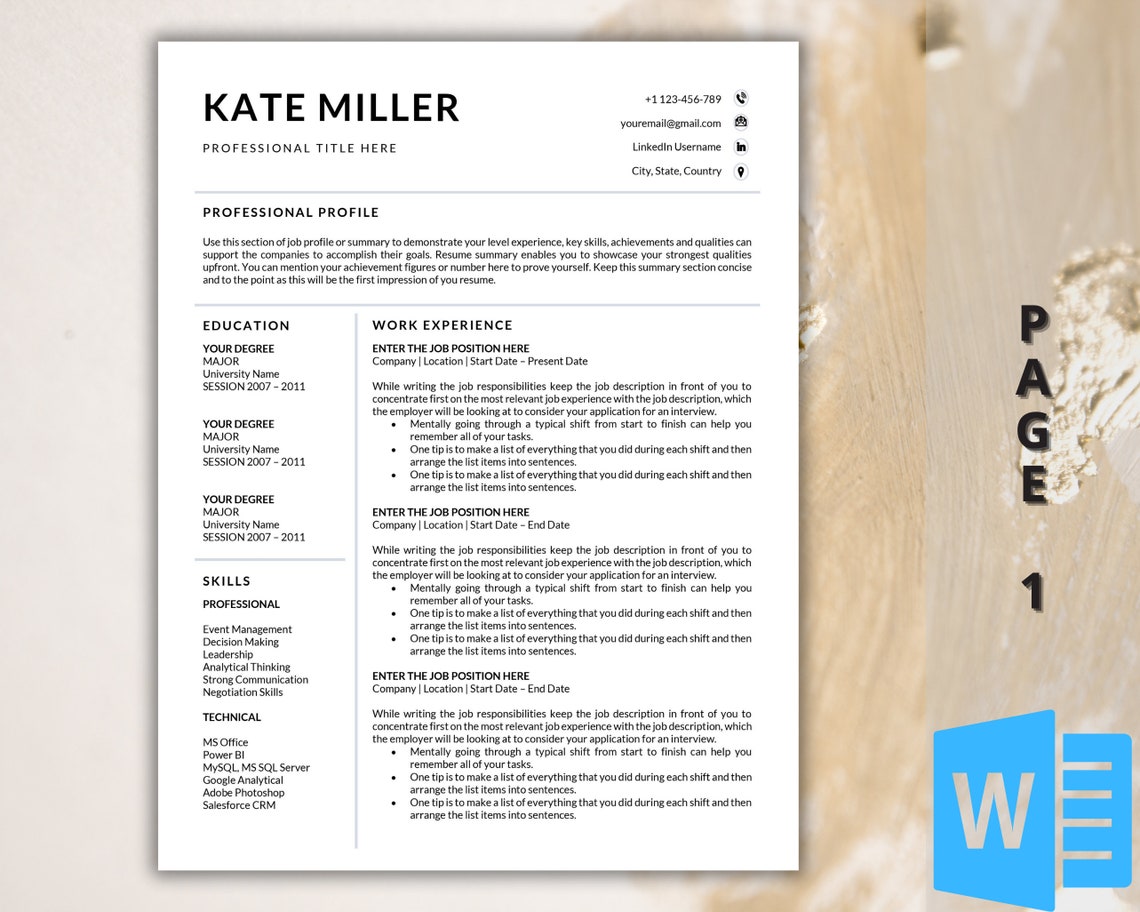 Minimalist Resume Template Word, CV Template Clean, Professional Resume ...
