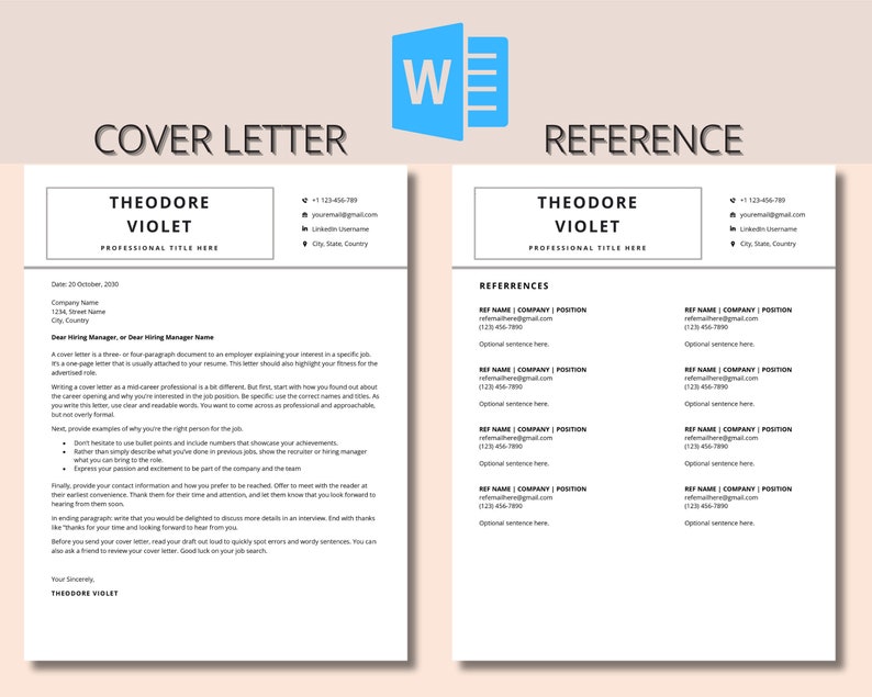 ATS Resume Template: Modern Cover Letter & Reference (word) - Etsy