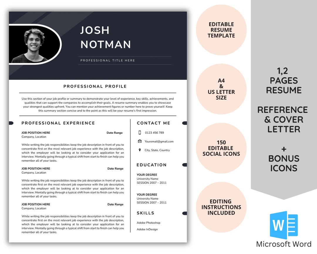 Modern Resume Template With Photo, CV Template Word, Resume Template ...