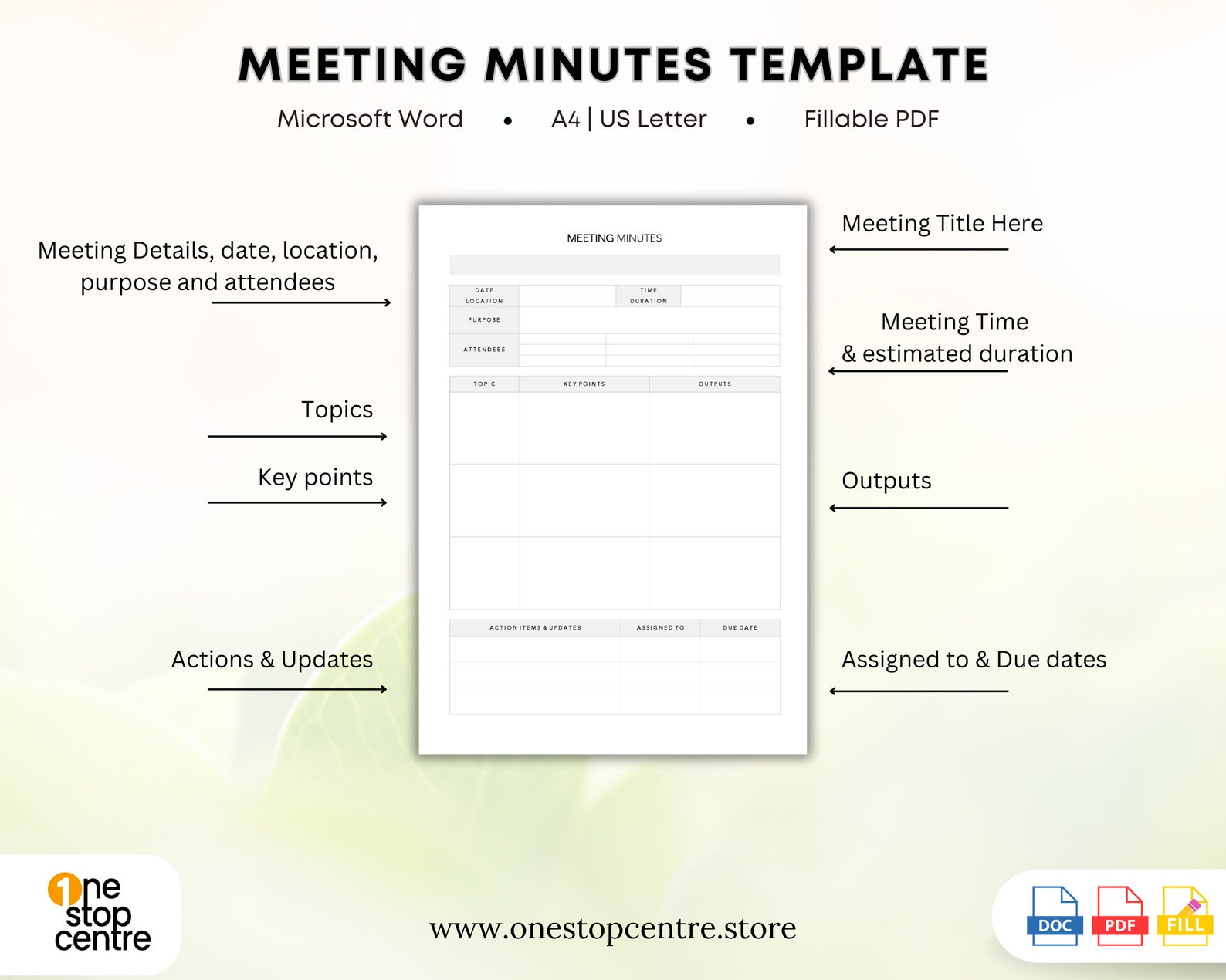 Editable Meeting Minutes Template: Minimalist Agenda Notes (PDF, Word ...