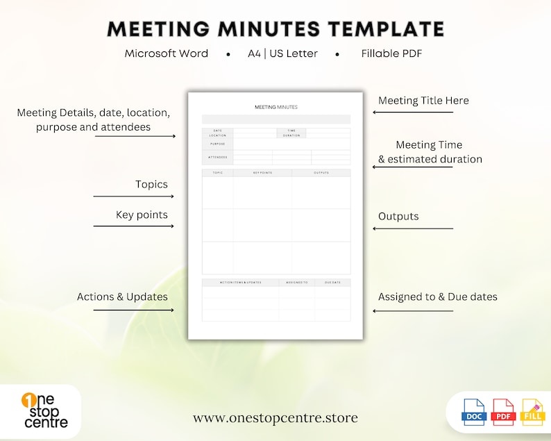 Editable Meeting Minutes Template: Minimalist Agenda Notes (PDF, Word ...