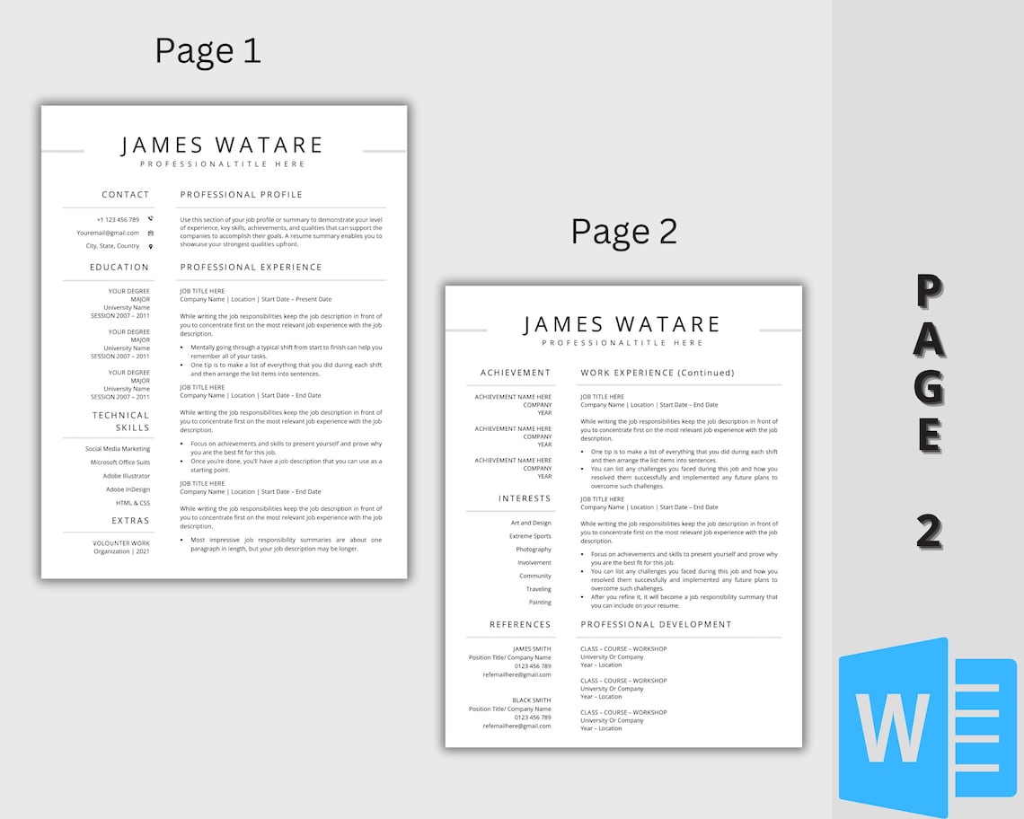 Minimalist Resume Template Word CV Template Clean - Etsy