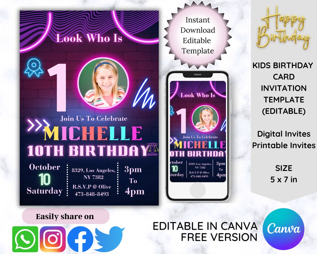 Neon Lights Glowing Birthday Invitation Template With Photo, Editable ...