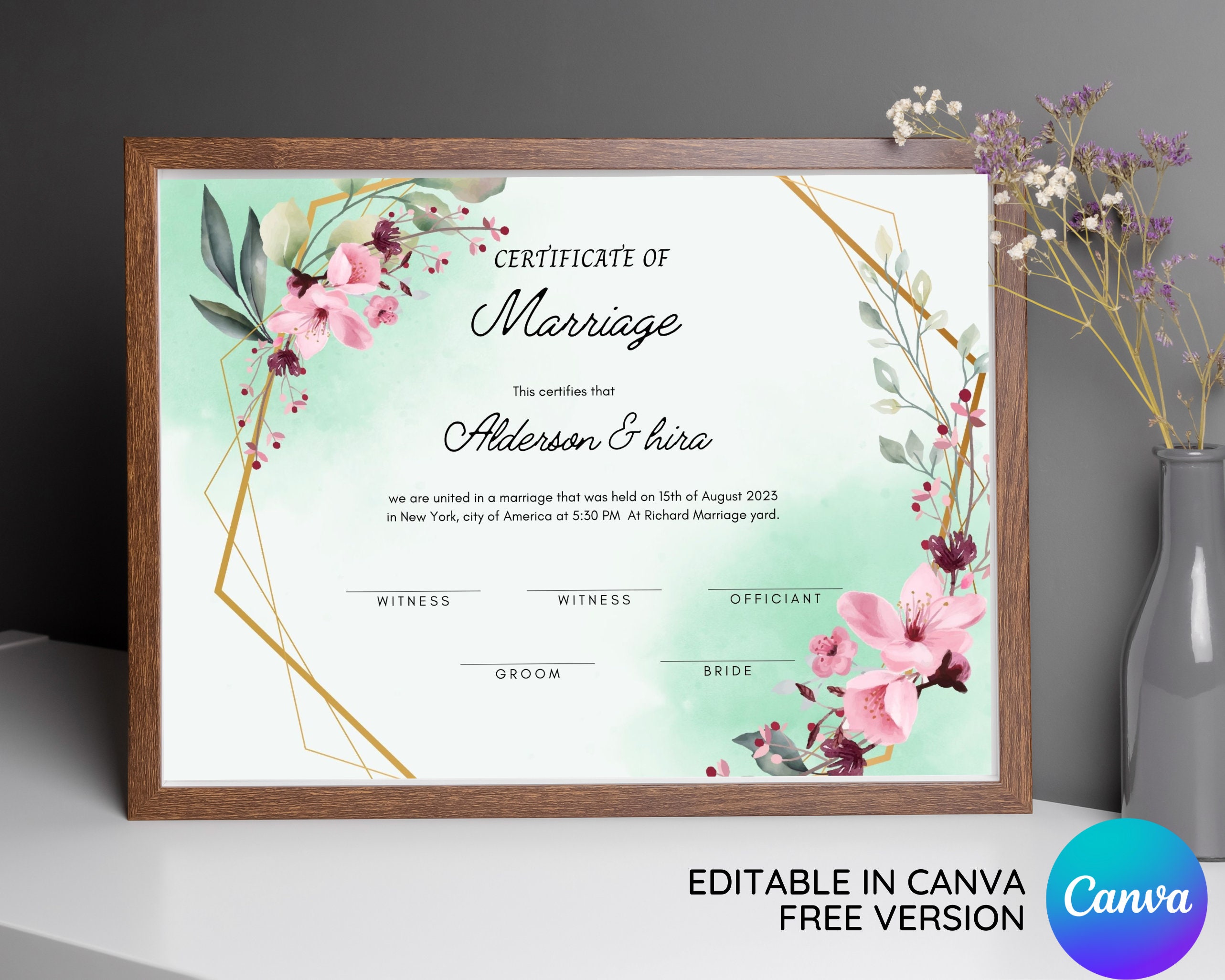 Floral Frame Marriage Certificate Template Editable Wedding - Etsy