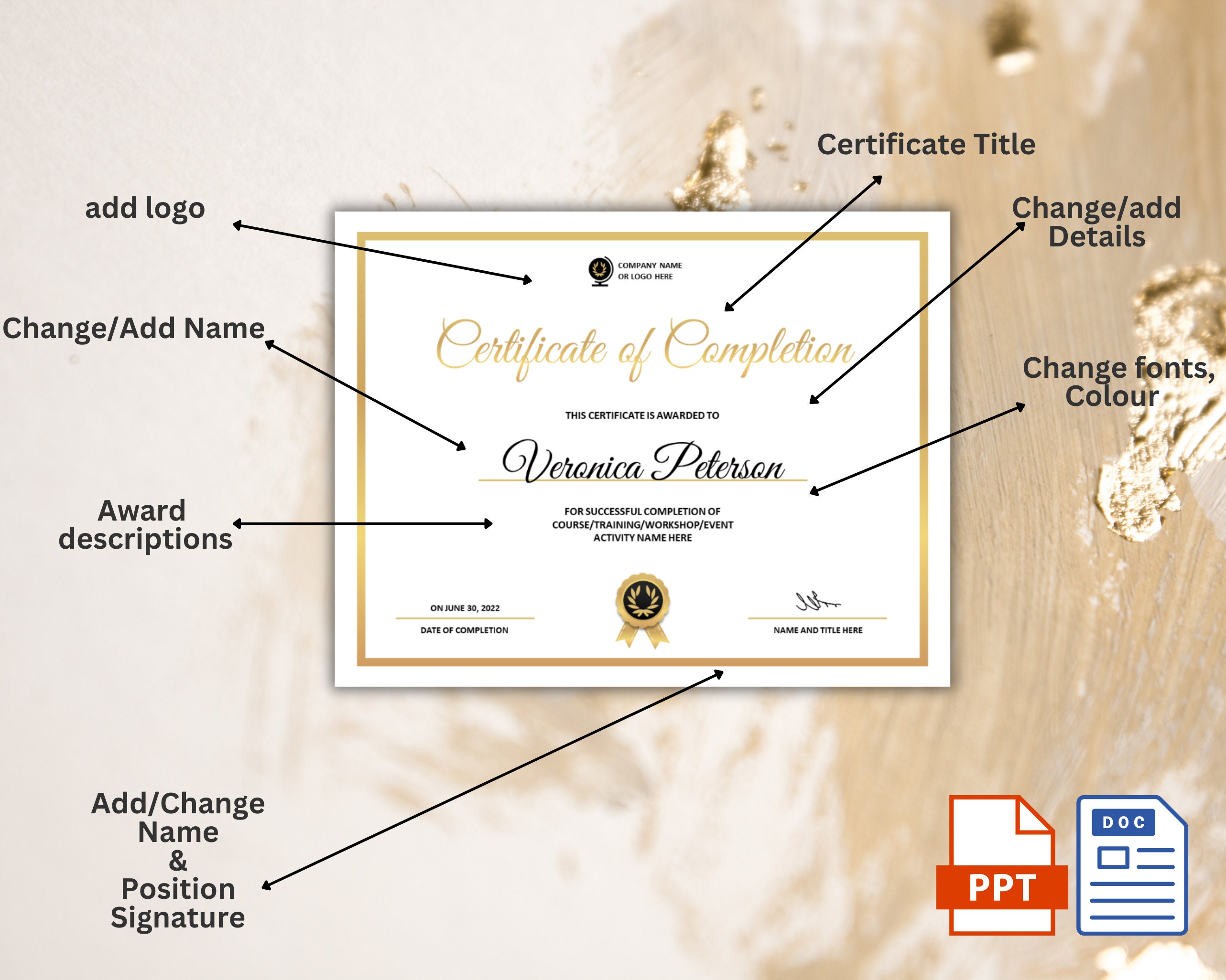 Professional Certificate Template Editable, White Gold Minimalist Award ...