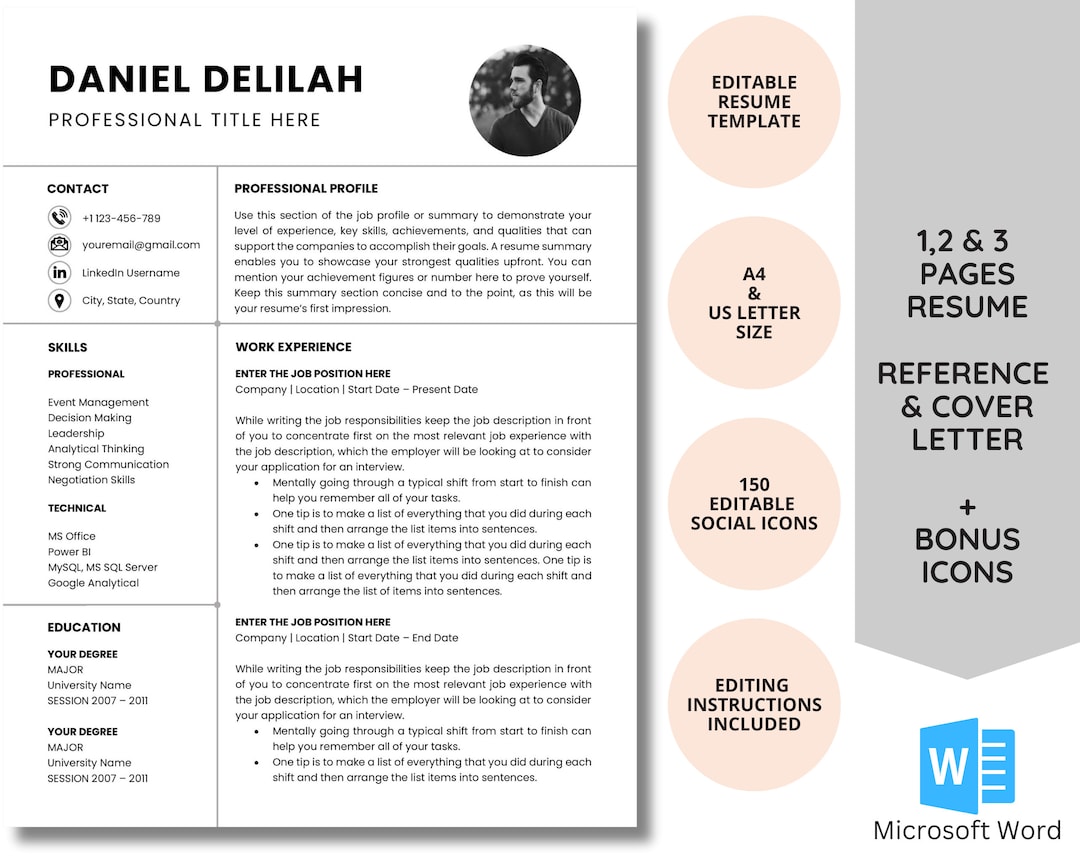 Editable Resume Template: CV With Cover Letter (microsoft Word) - Etsy
