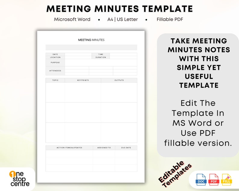 Editable Meeting Minutes Template: Minimalist Agenda Notes (PDF, Word ...