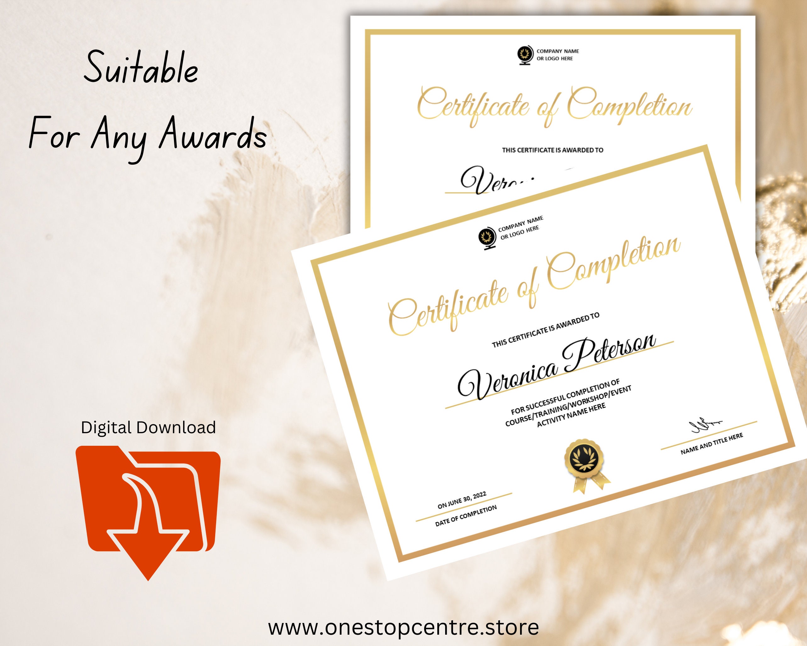 Professional Certificate Template Editable, White Gold Minimalist Award ...
