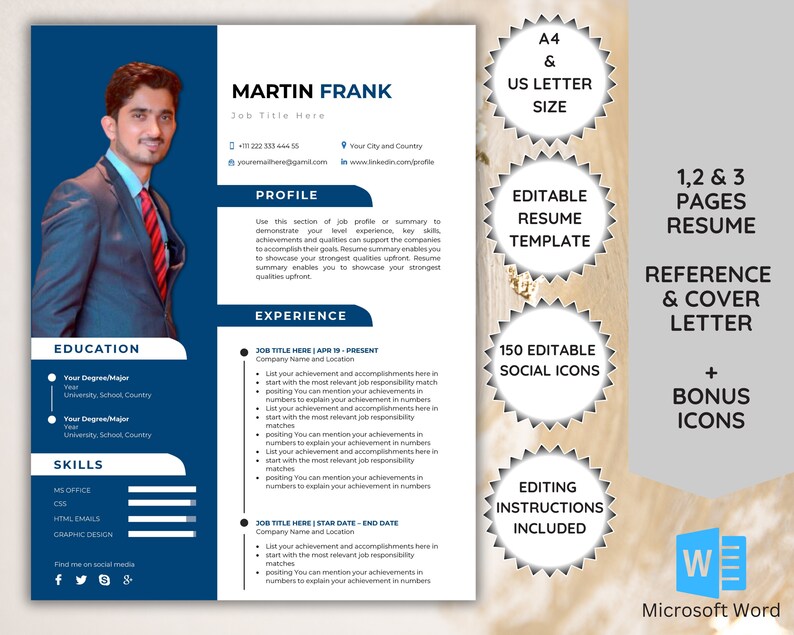 Modern Resume Template With Photo: Cover Letter & References (editable ...