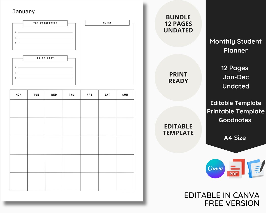 Editable Printable Planner, Monthly Undated Planner, Student Planner ...