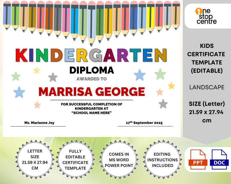 Editable Kindergarten Diploma Template: Printable Graduation Award (US ...