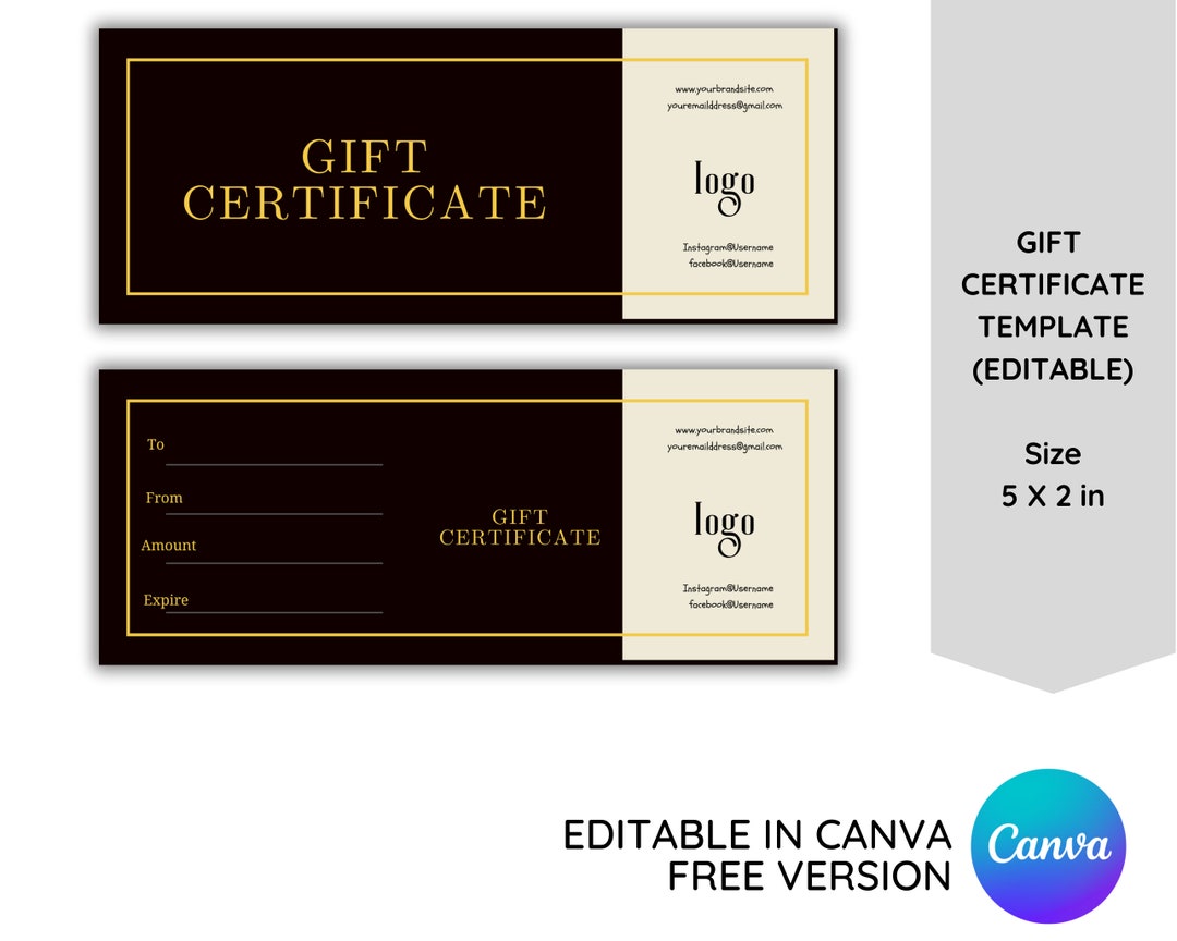 Golden Gift Card Template: Editable Logo, Printable Coupon (5x2 In) - Etsy