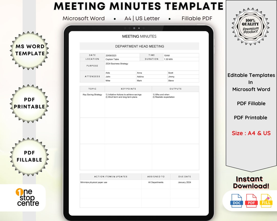 Editable Meeting Minutes Template: Minimalist Agenda Notes (PDF, Word ...