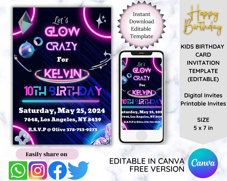 Editable Glow Birthday Invitations Card, Digital Party Invites ...
