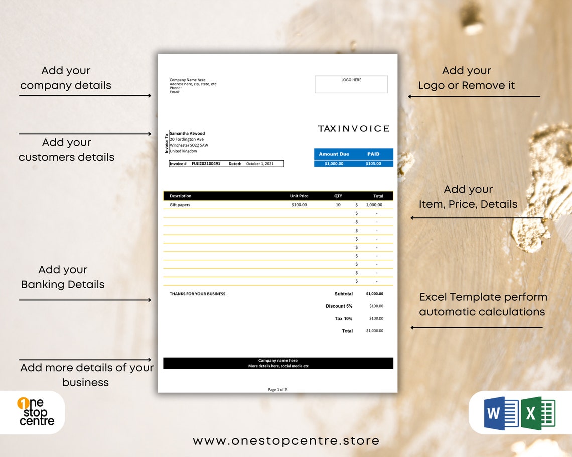 Editable Excel Spreadsheet Tax Invoice Template, Small Business ...