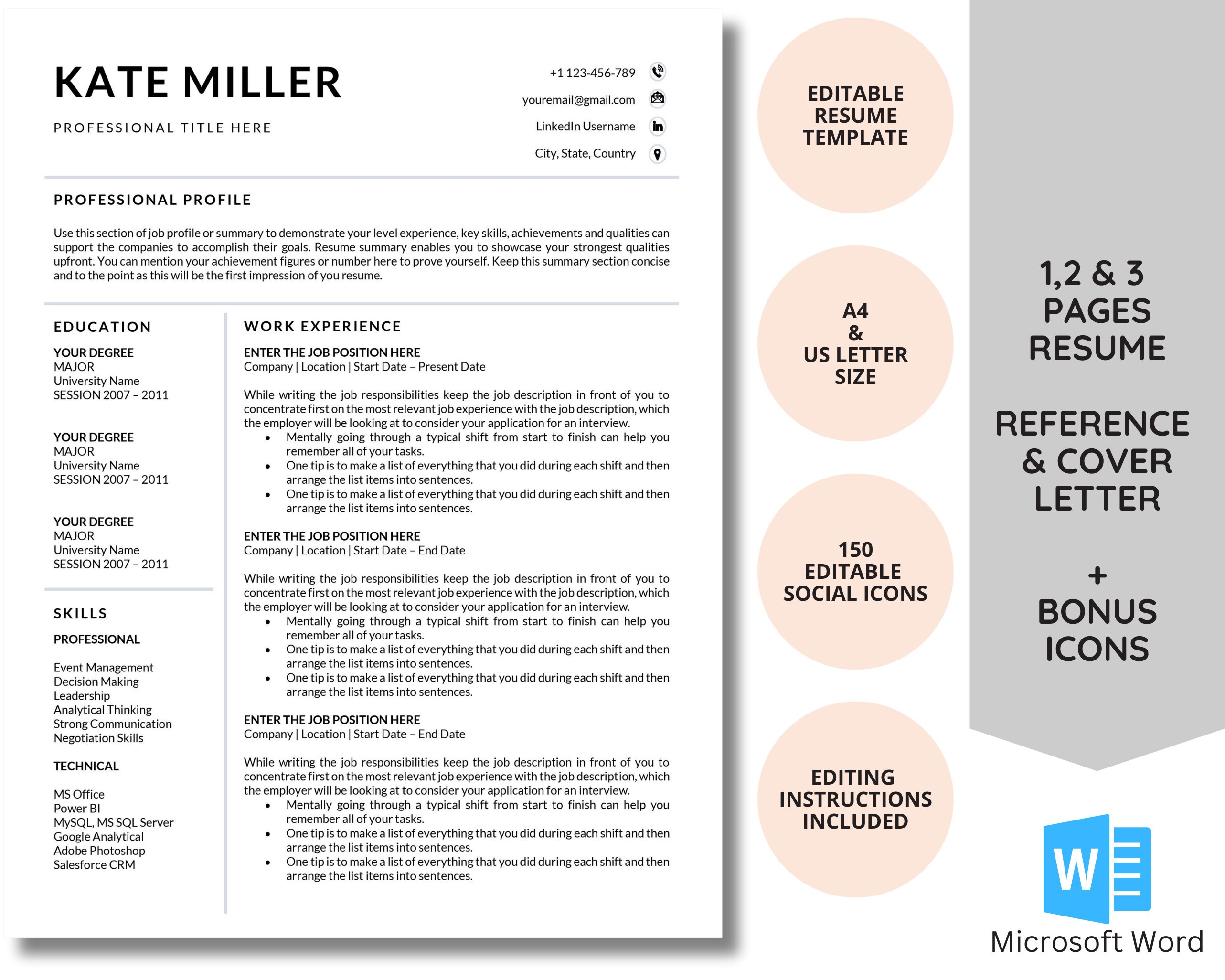 Minimalist Resume Template Word CV Template Clean - Etsy Canada