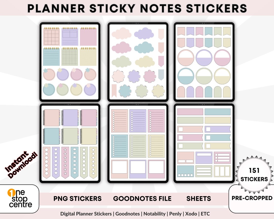 Digital Planner Sticky Notes: 151 Goodnotes PNG Stickers (digital ...