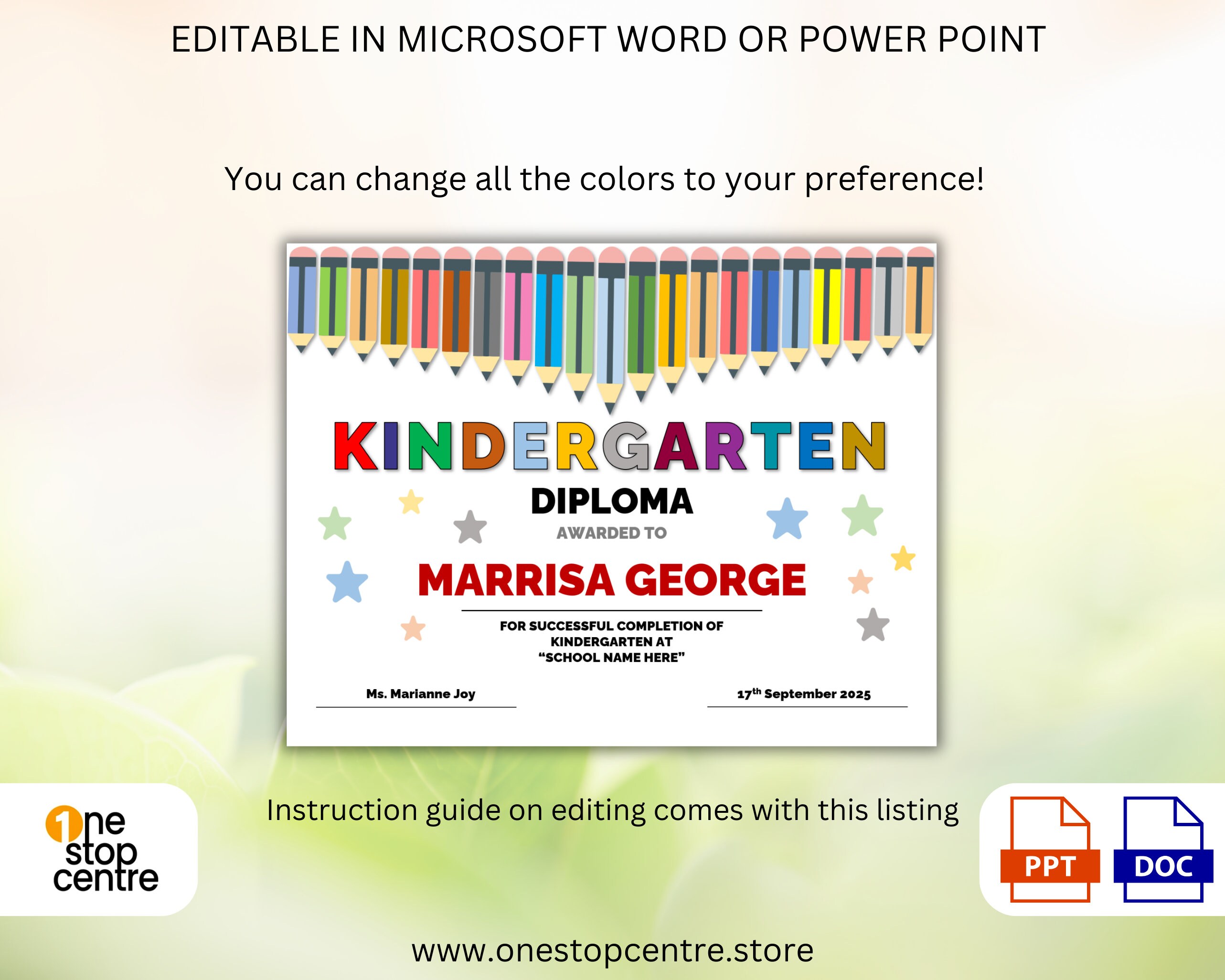 Editable Kindergarten Diploma Template: Printable Graduation Award (US ...